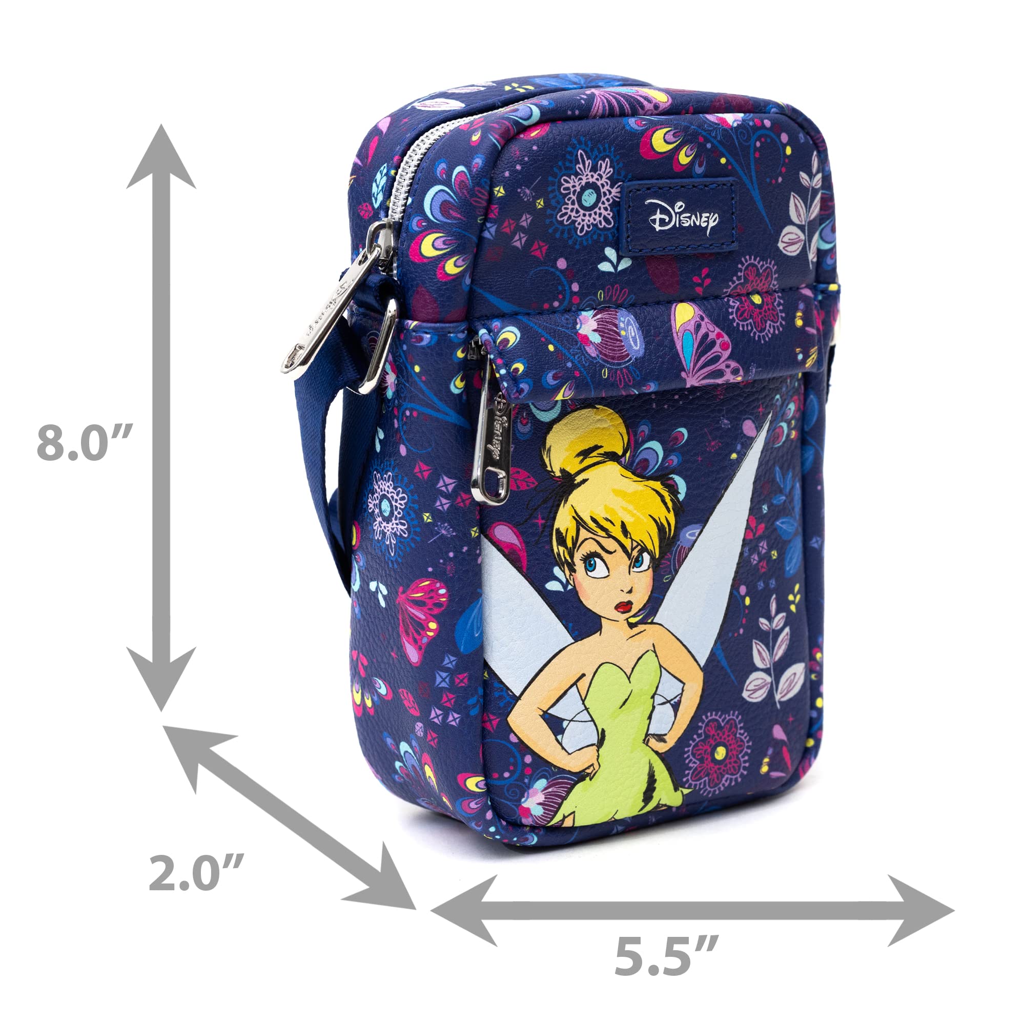 Disney Bag, Cross Body, Tinker Bell Standing Pose Floral Collage, Blue, Vegan Leather