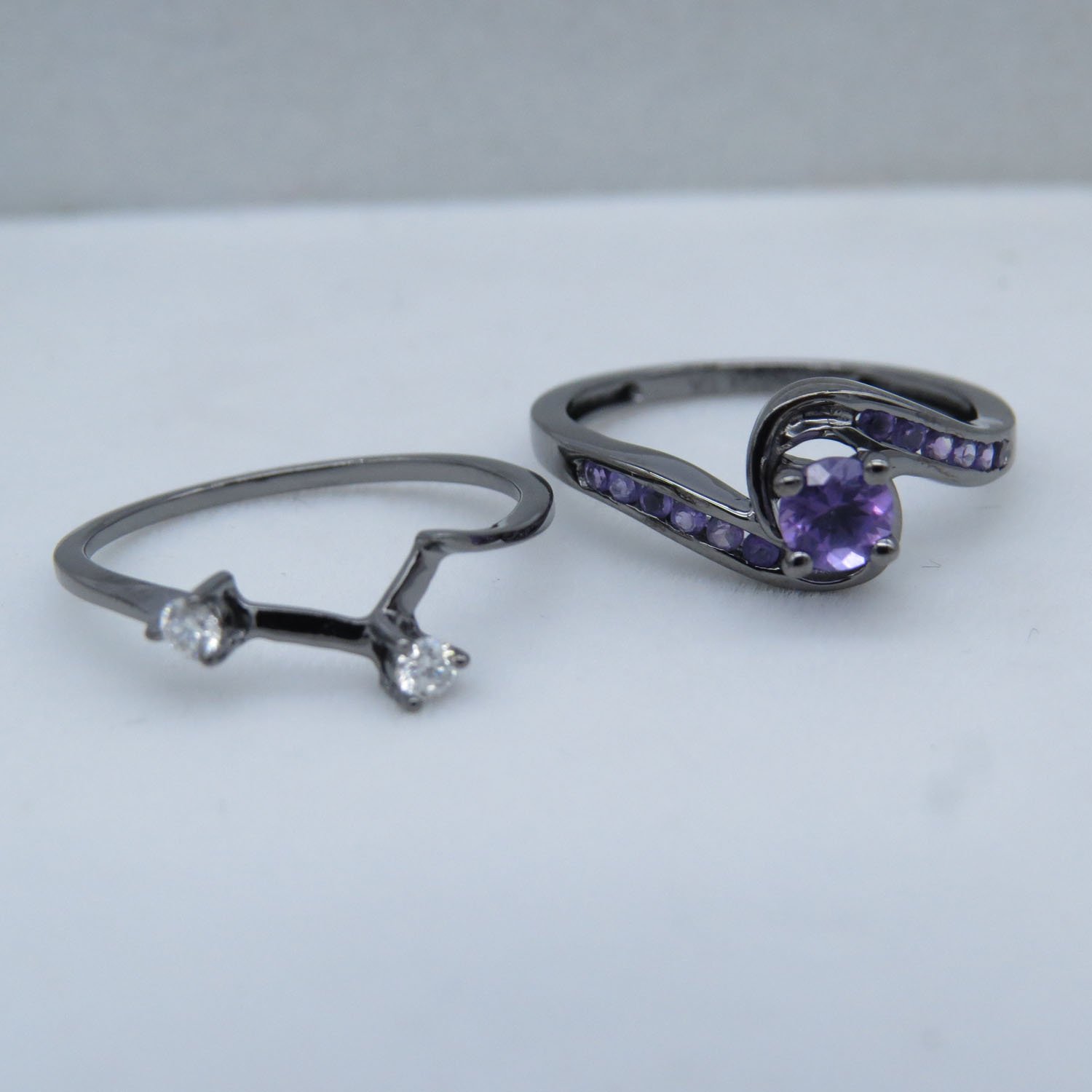 Dazzlingrock Collection Round Amethyst & White Diamond Swirl Bypass Wedding Ring Set for Women Black Plated in 10K White Gold, Size 8
