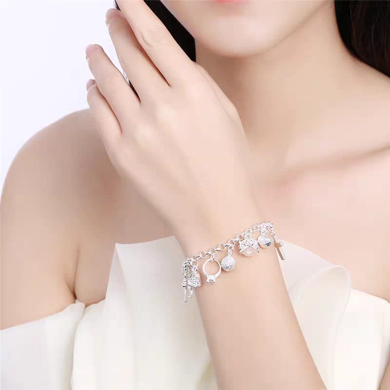 Dicomeng Sterling Silver Bracelet, 13 Small Pendants Charm Bracelet for Women, Adjustable 18+4cm, 925 Silver Plated, Great Gift for Ladies