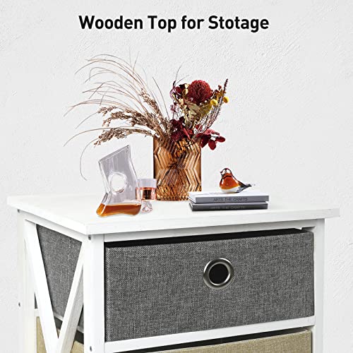 Nightstands Set of 2, with 3 Drawers, Wood Nightstand, Contrasting Colors Fabric Drawers, Easy Assembly Bedside Tables for Bedroom, College Dorm, Sturdy WhiteWood Frame, Wood Top, Easy Pull Handle.