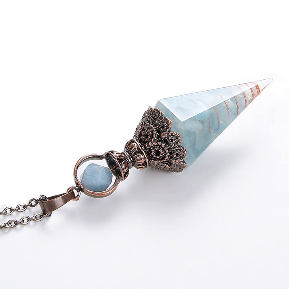 Domika 7 Chakra Healing Crystal Pendulums Necklace Dowsing Divination 6 Facted Hexagonal Pointed Cone Resin Stones Reiki Wicca Spritual Chakra Energy Pendant Necklaces (Aquamarine Stone)