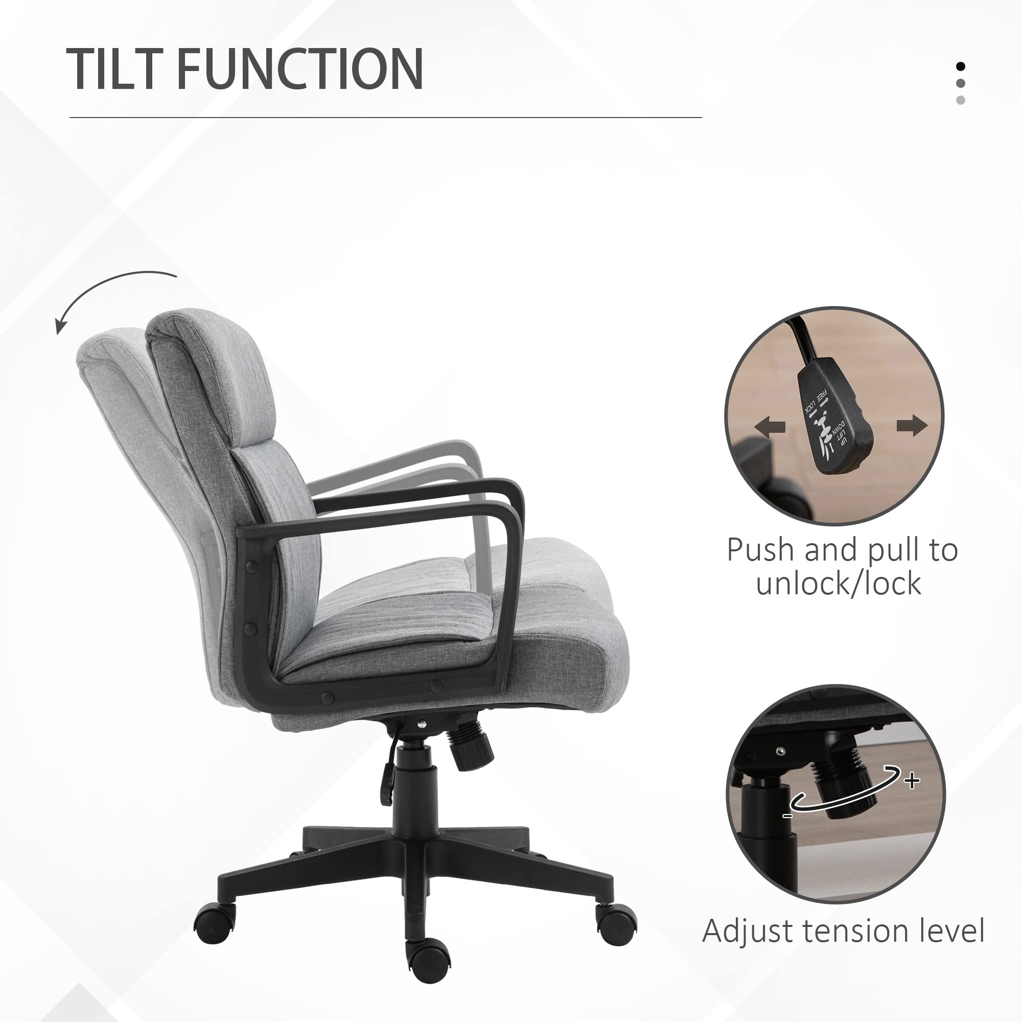 Vinsetto Mid Back Home Office Chair Height Adjustable Linen Fabric Desk Task Chair with Ergonomic Line Wide Seat, Thick Padding, and Armrest