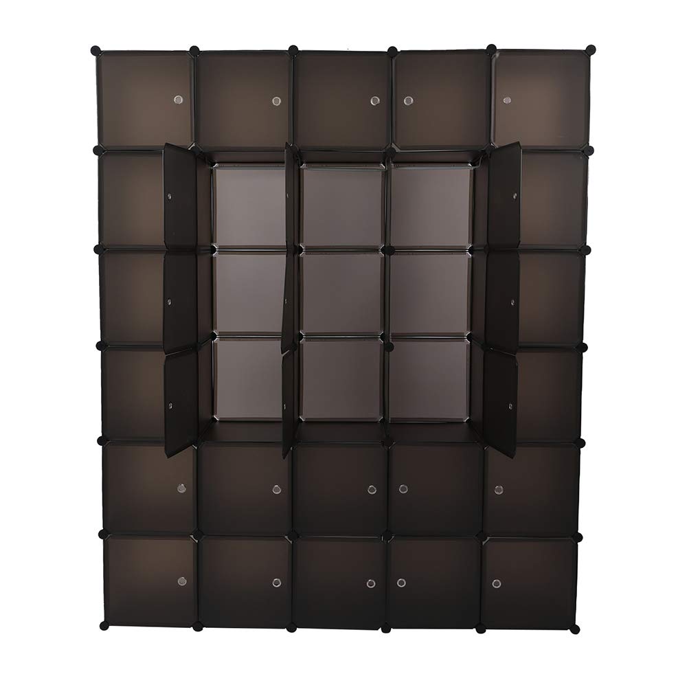 VINGLI Cube Storage Organizer, Plastic Closet Cabinet, DIY Plastic Modular Book Shelf Unit, Cube Shelves with Doors and Hanging Rods (Brown, 30 Cube- Deeper)
