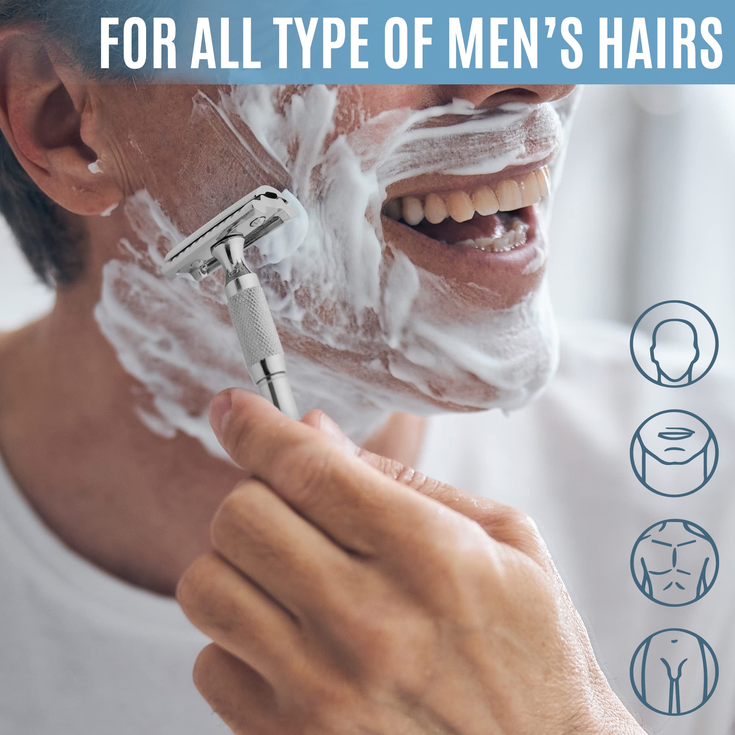 Raka Long Handle Double Edge Safety Razor for Men With Extra Free Open Comb - Twist to Razors, Along 10 stainless Steel Blades better shaving experience, silver, 12 Piece Set