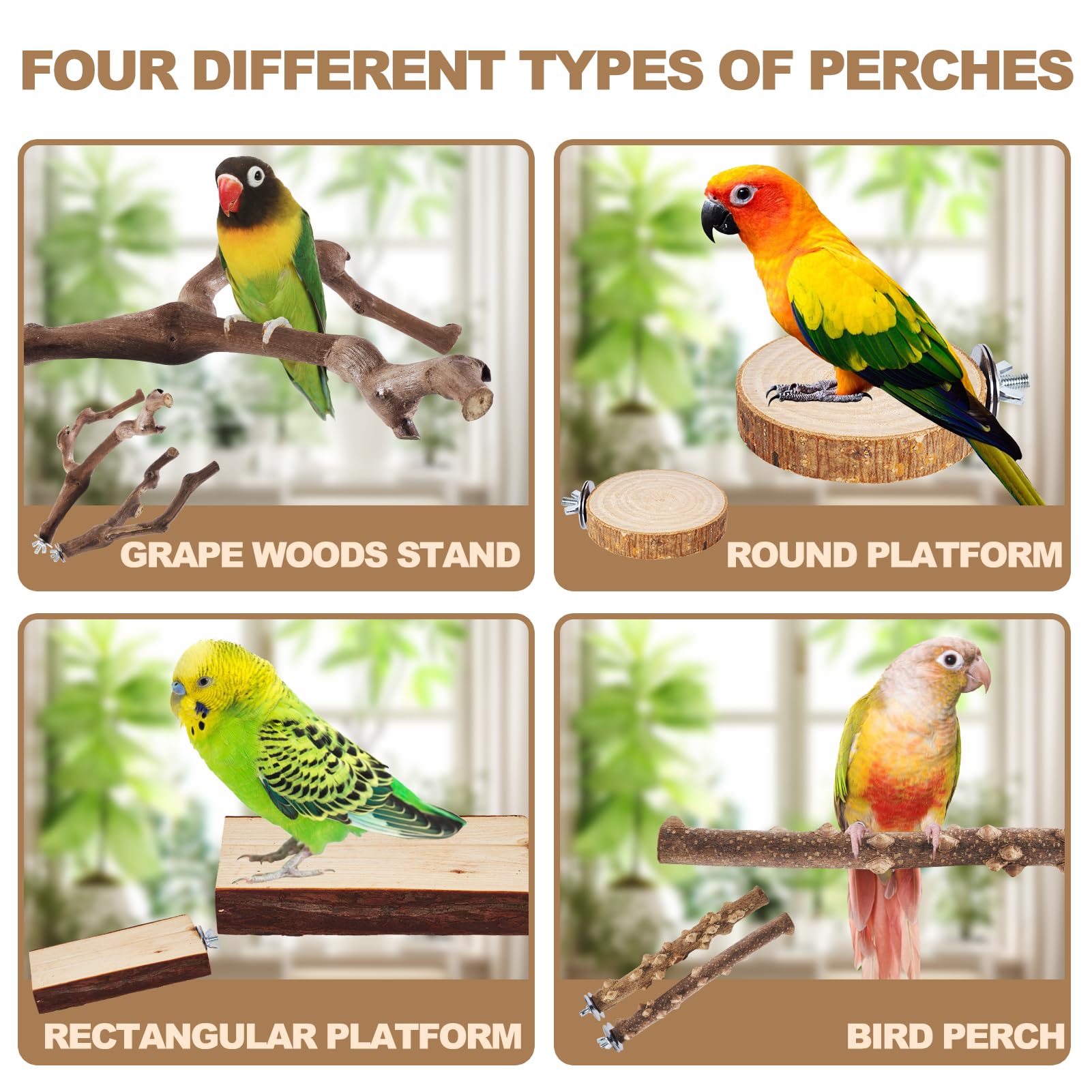 LIMIO 6PCS Bird Perch 2 Grape Stick Paw Grinding Fork Natural Wood Bird Stand 4 Parrot Stand Bird Toys for Parakeets Chewing Exercise Branches, Bird Cage Accessories for Cockatiels, Conure, Budgies