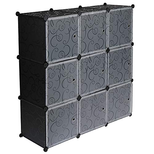 VINGLI Cube Storage, 9 Cube Organizer Shelves, Plastic Closet Cabinet, DIY Modular Storage Cube Organizer with Doors for Bedroom Living Room Office, Black