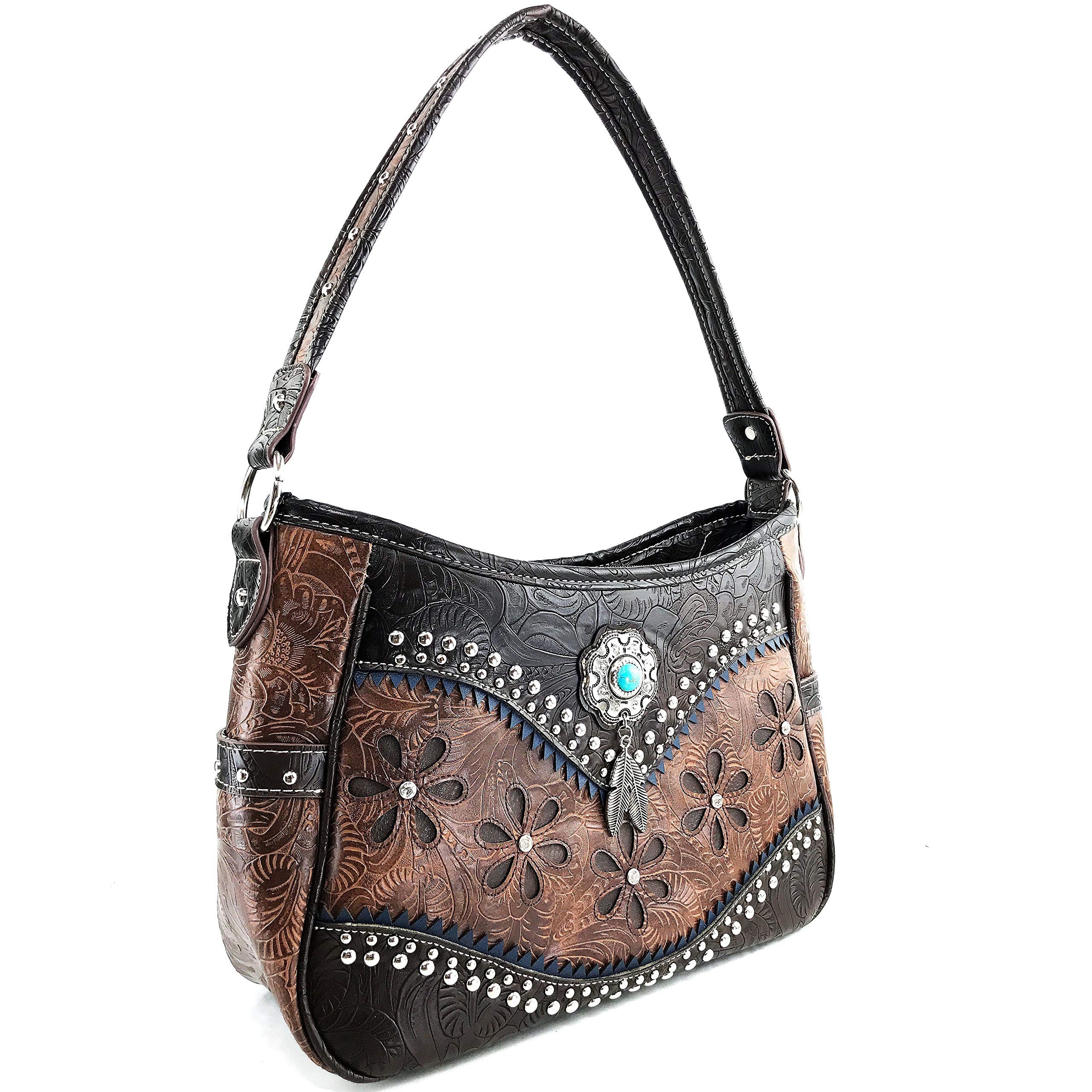 Turquoise Concho Feather Conceal Carry Hobo Handbag Crossbody Wallet Set Brown