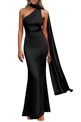 PRETTYGARDEN Women's Maxi Satin Dress Sleeveless Halter Neck Backless Long Formal Evening Cocktail Dresses (Black,Small)