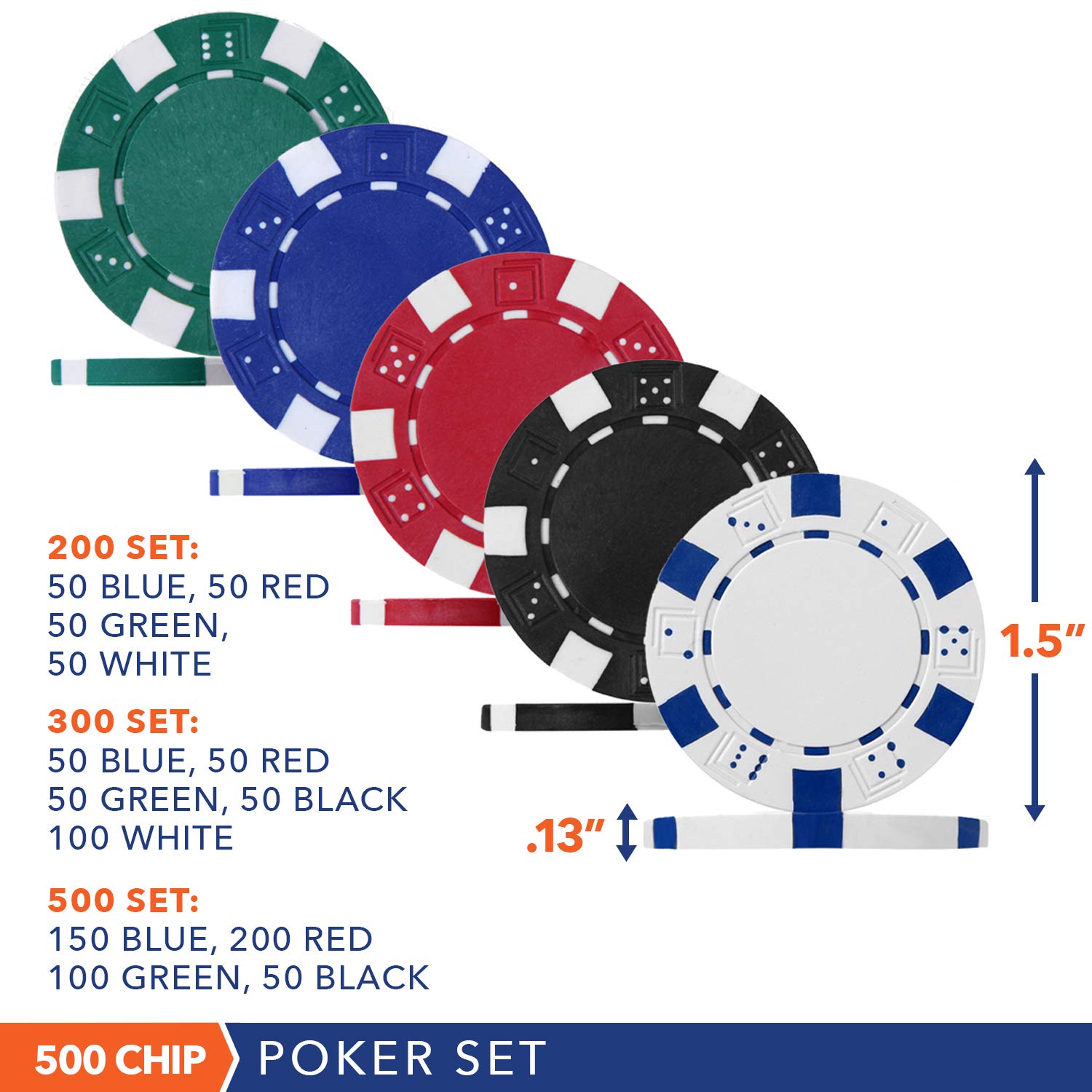 Rally and Roar Professional Poker Set w/ Hard Case, 2 Card Decks, 5 Dice, 3 Buttons - 500 Chips