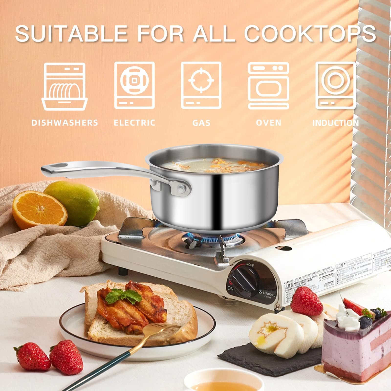 Flamingpan 1.5QT Stainless Steel Saucepan with Glass Lid, Small Pot for Cooking Soups, Sauces, Durable, Rust-Resistant & Non-discoloring Pot with Lid, Sauce Pan & Easy to Clean