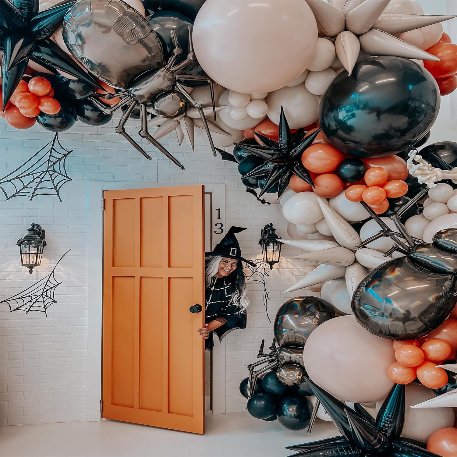 Halloween Balloon Garland Arch Kit with Spider Witch Hat Shaped Black and Milk White Exploding Star Foil Balloon Black Orange Sand White Balloons for Halloween Birthday Party Decorations