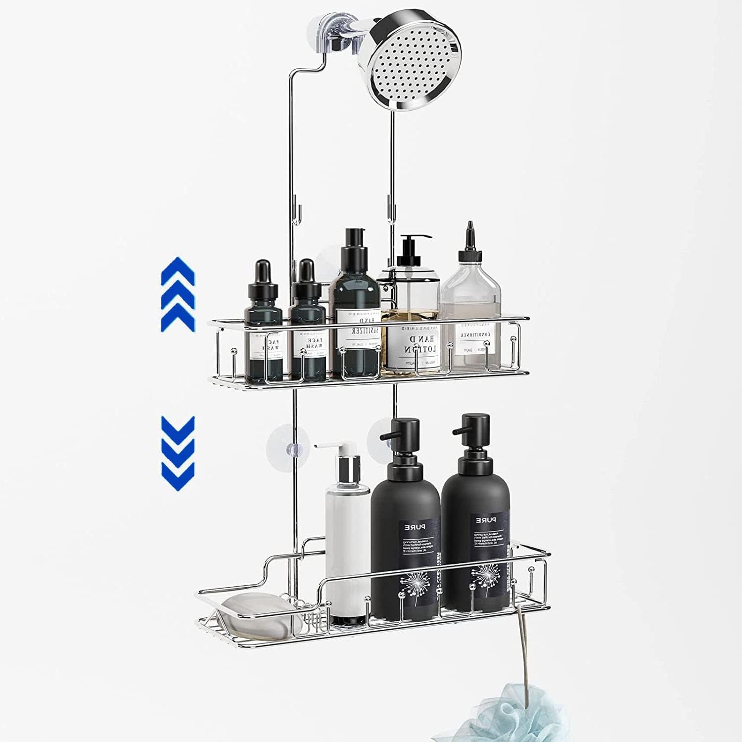 Glorystage Hanging Shower Caddy Over Shower Head Adjustable with Soap Holder and Hook, Anti-Rust Hanging Shower Shelves Organizer, Stainless Steel Shower Basket for Bathroom Storage, 2 Tier Silver