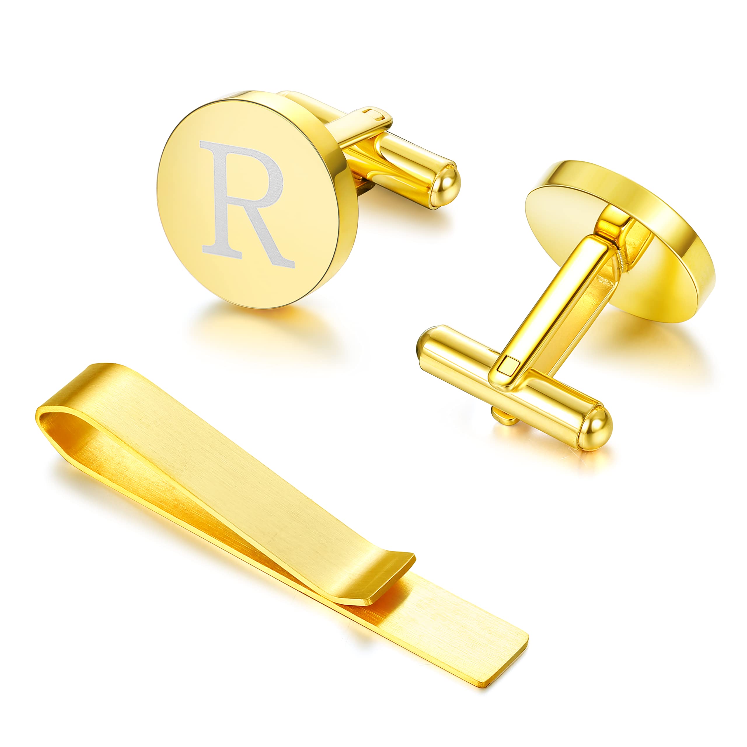 Diamday Cuff Links and Tie Clips Set Personalized Cufflinks for Men Gold R Initial Cufflinks Men's Link Shirt Studs Tie Letter Tie Clips and Cufflinks Set with Box Groomsmen Gift for Him
