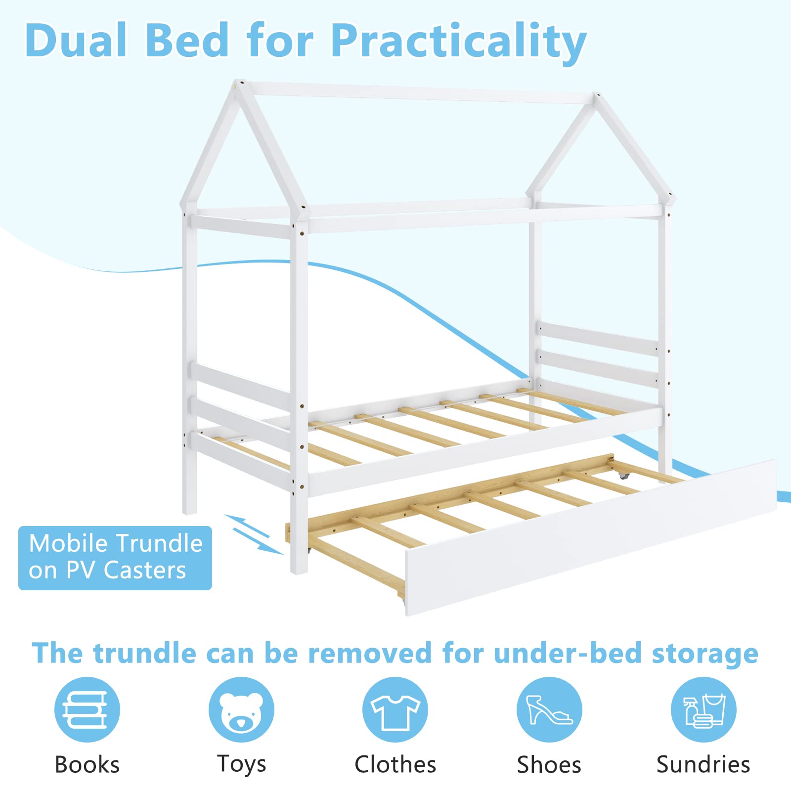 KOMFOTT Twin House Bed with Trundle, Solid Wood Playhouse Platform Bed Frame, Kids Daybed with Roof for Girls & Boys, No Box Spring Needed, Noise-Free Design, Easy Assembly, White