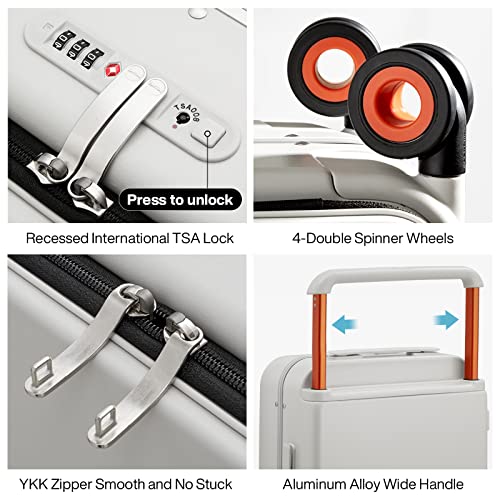 mixi Carry On Luggage Wide Handle Luxury Design Rolling Travel Suitcase PC Hardside with Aluminum Frame Hollow Spinner Wheels, with Cover, 20 inch, Smoke White