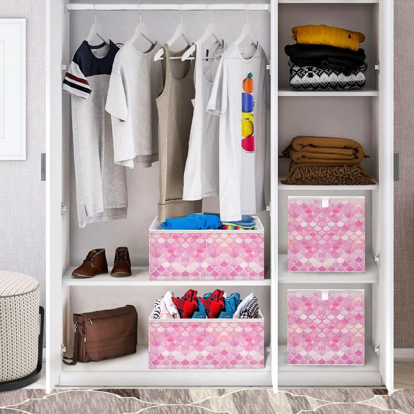 Emelivor Pink Mermaid Cube Storage Bin Fabric Storage Cubes Foldable Organizer Bins Storage Baskets for Shelves Storage Box for Shelves Home Office Clothes Clothing,11 x 11inch