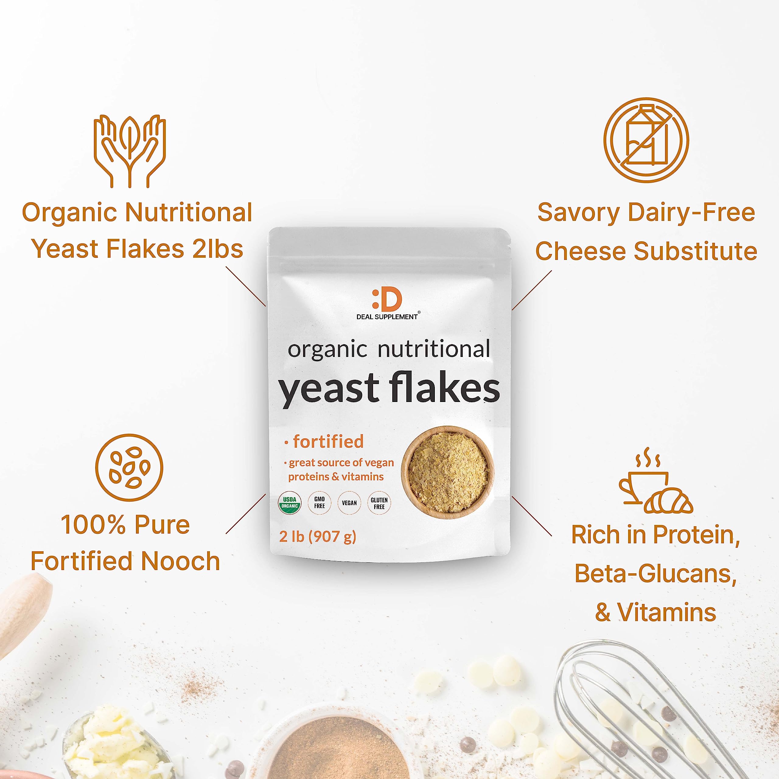 DEAL SUPPLEMENT Organic Fortified Nutritional Yeast Flakes, 2lbs – High Protein & Vitamin B Complex Source – Vegan Cheese Substitute for Baking, Cooking, & Seasoning – Dairy Free, Gluten Free