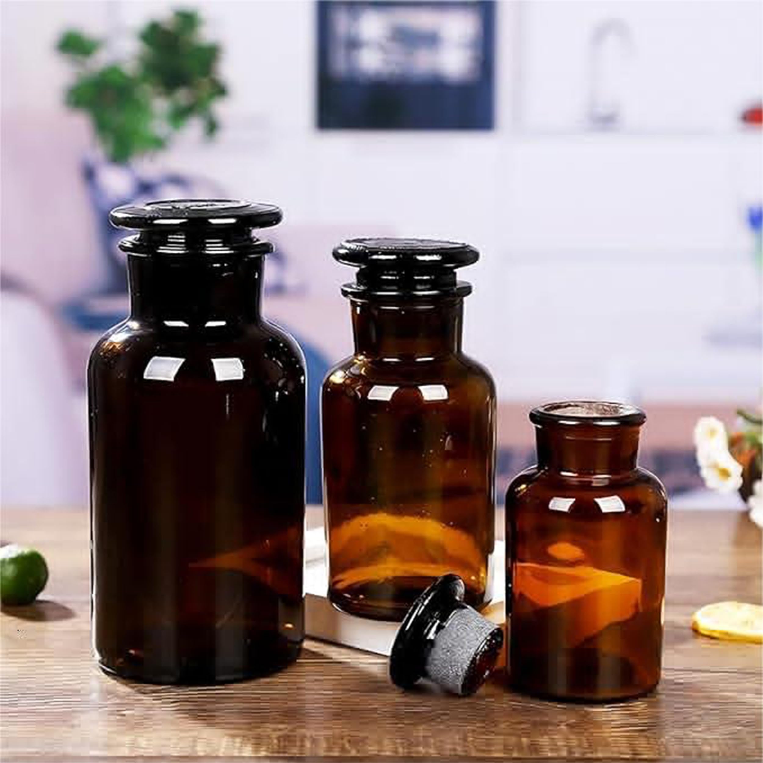Kestun 1000ml Lab Glass Reagent Bottle,Wide Mouth Glass Amber Storage Bottle with Ground Stopper,Decorative Bottles/Vase