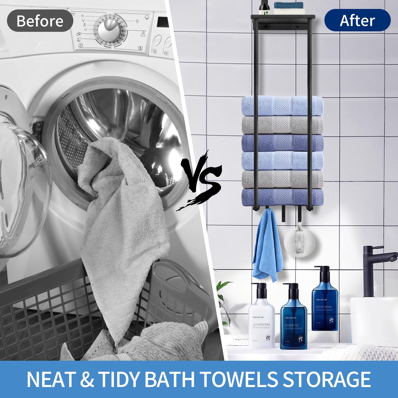 HOTNIU Towel Racks for Small Bathroom Wall Mounted, Vertical Towel Storage with Metal Shelf and 3 Hooks, Bath Towel Rack for Rolled Towels, Black Towel Holder for Large Bath Sheets Towels