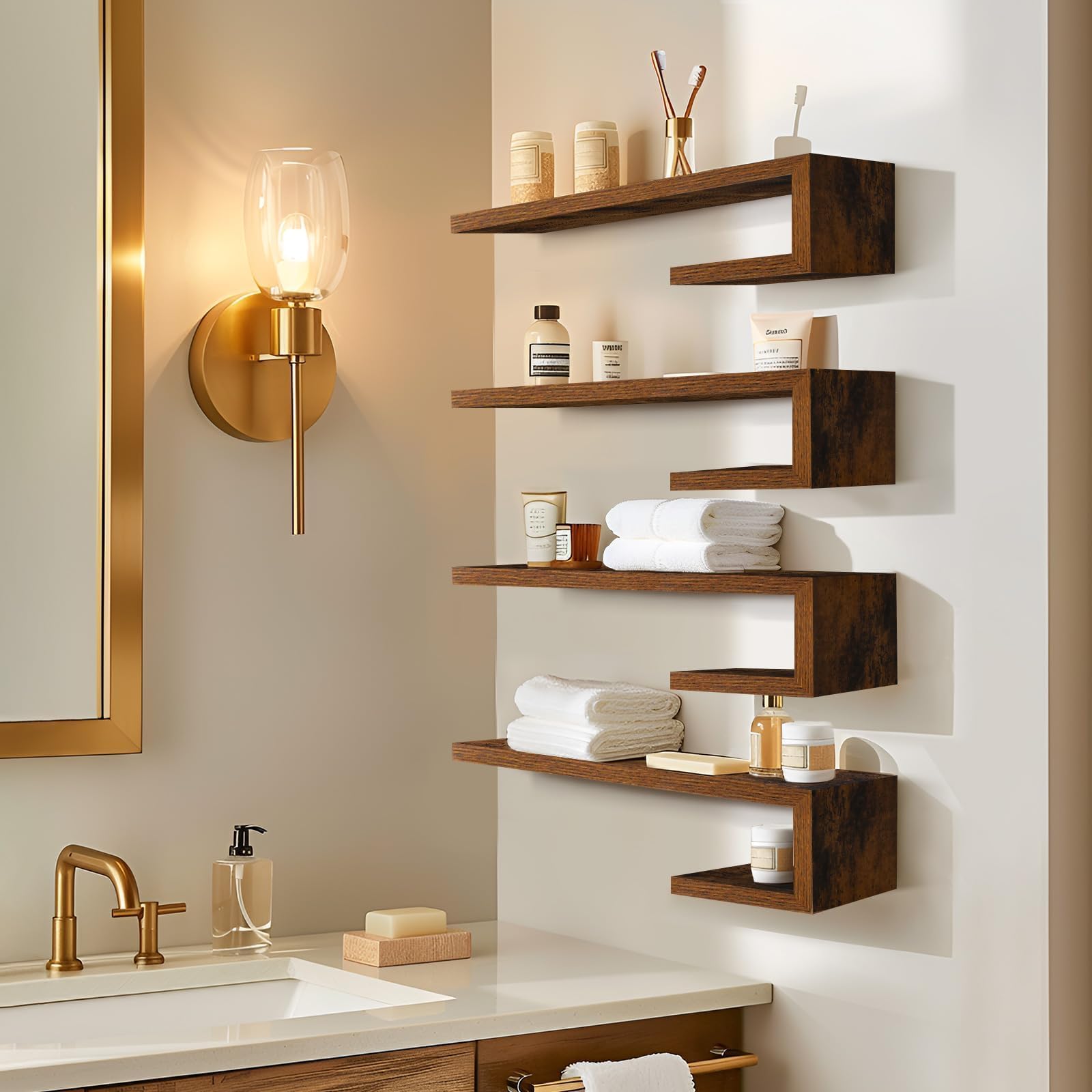 Golden State Art, Floating Shelves, 15.75 in, Brown, Set of 4, Modern Wall Shelves for Wall Decor, Living Room/Bedroom/Kitchen/Home Office, Floating Shelf for Home Storage