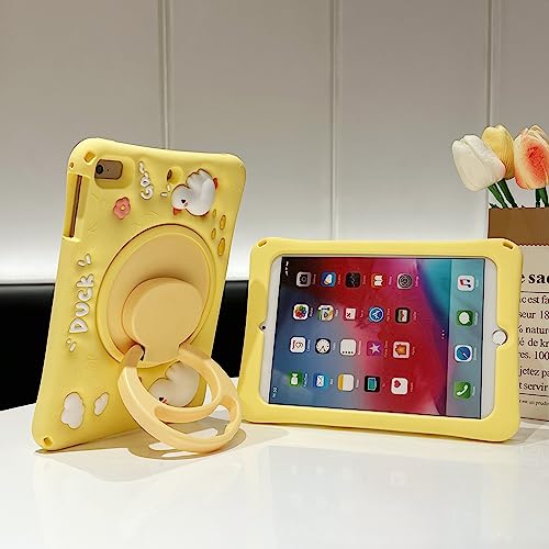Premium Cute Soft Silicone Yellow Duck Kawaii Pattern Tablet Case with Built-in Foldable Kickstand and Lanyard Shockproof Cover Case for iPad Air 4 2020 10.9"