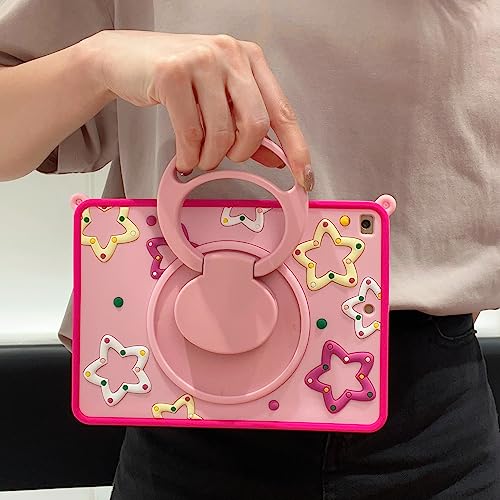 Premium Cute Soft Silicone Pink Star Colorful Kawaii Pattern Tablet Case with Built-in Foldable Kickstand and Lanyard Shockproof Cover Case for iPad Air 2019/ Pro 10.5"