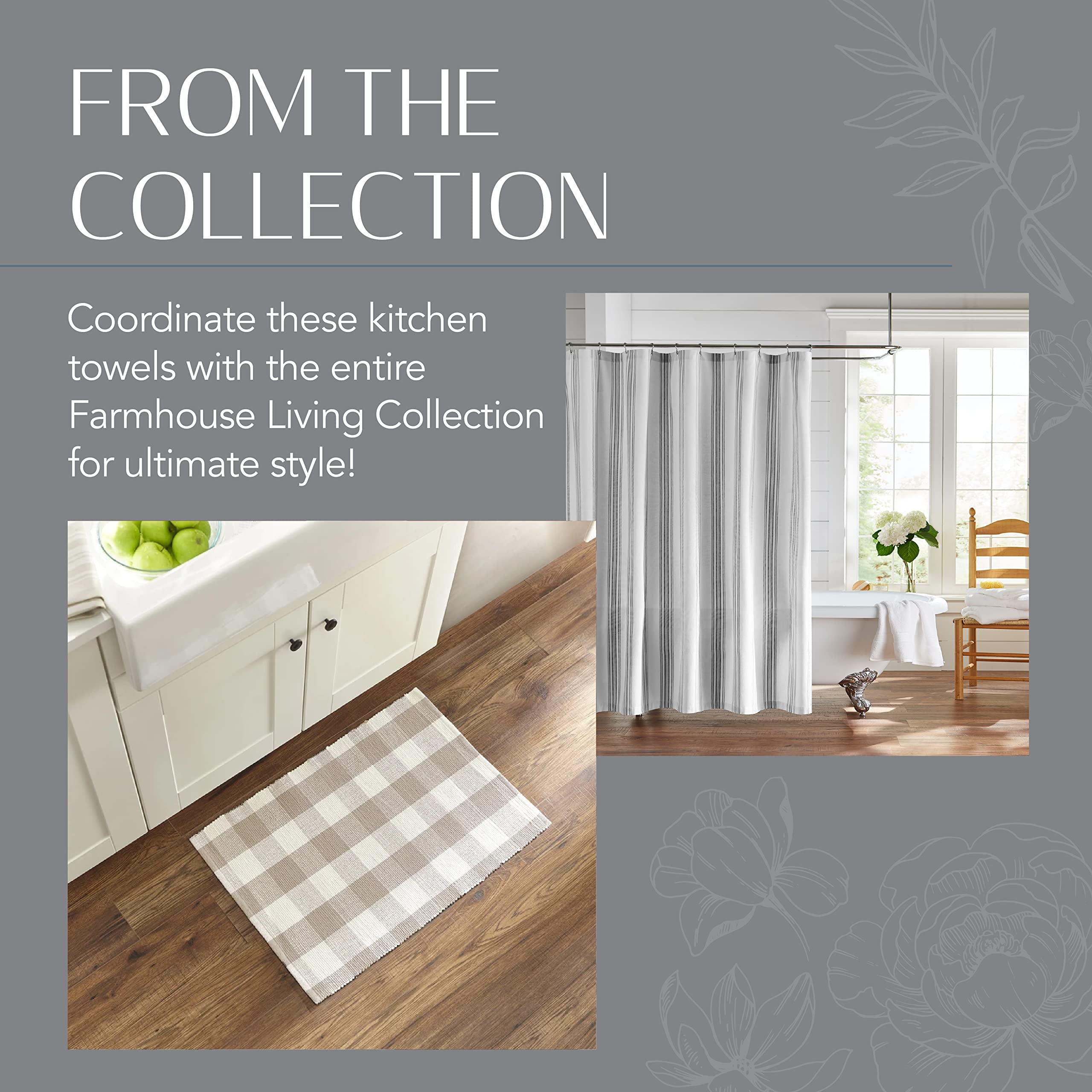 Elrene Home Fashions Farmhouse Living Stripe and Check Kitchen Towels, 17" x 28" (Set of 3), Black/White 3