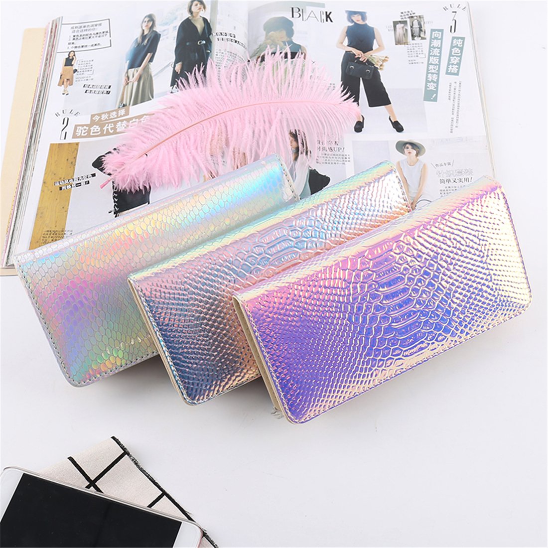 YAIRYANGTZE Holographic Wallet Clutch - Iridescent Purse Long Wallet with Zipper for Women (Silver)