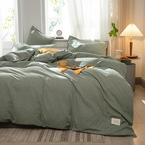 OS OMYSTYLE Sage Green Duvet Cover Queen Size 100% Washed Cotton Linen Like Textured for All Seasons, 3 Pieces Ultra-Soft Solid Color Bedding Set with Zipper Closure, 1Pc Duvet Cover 2Pcs Pillowcases