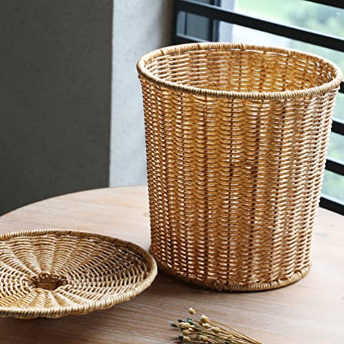 Housoutil Bathroom Trash Bin Rattan Round Waste Basket with Lid Woven Trash Can Garbage Container Bin Flower Basket for Bathroom Kitchen Home Office Large Wicker Basket