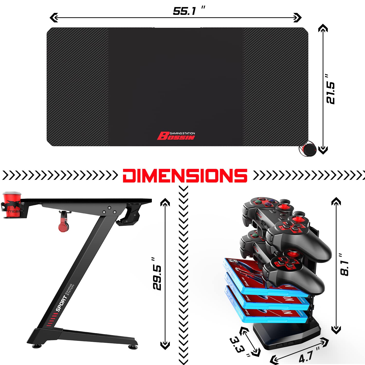 VITESSE 55 Inch Ergonomic Gaming Desk, Z-Shaped Office PC Computer Desk with Large Mouse Pad, Gamer Tables Pro with USB Gaming Handle Rack, Stand Cup Holder&Headphone Hook (Black, 55 inch)