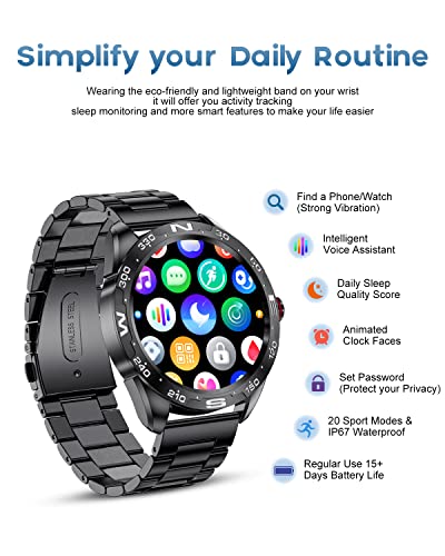 LIGE Smart Watches for Android iOS, Bluetooth Calls/Text Remind/Voice Speaker, Fitness Tracker with Heart Rate Sleep Monitor, 1.32'' HD Full Touch Screen, IP67 Waterproof Black Smartwatch for Men