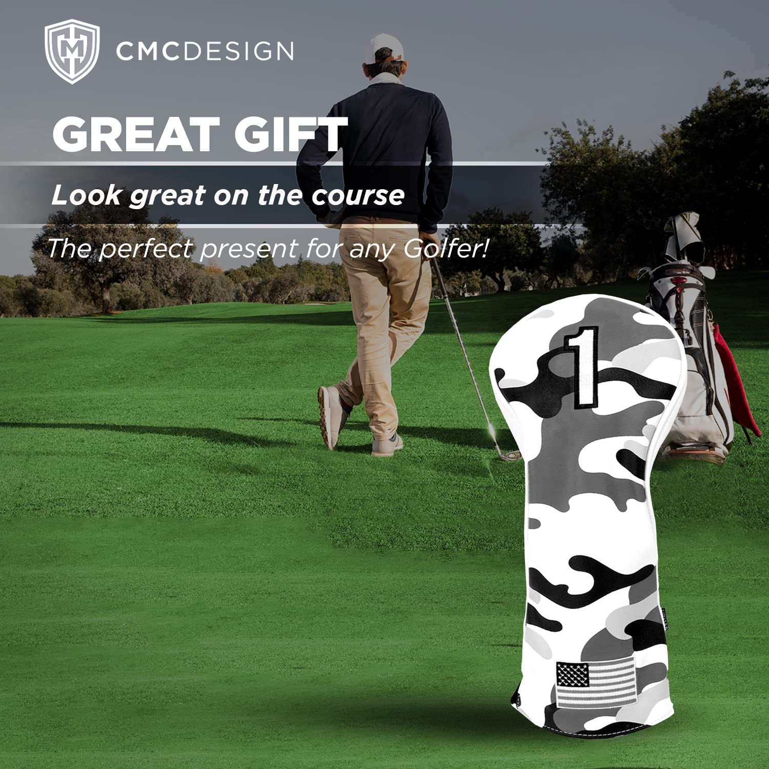 CMC Design Custom Snow Camo Embroidered Golf Driver Head Cover - Glove Soft Lining - Design Elements Include Applique and Embossing - Great Fit on Any Club as Golf Head Covers, Wood Driver Cover