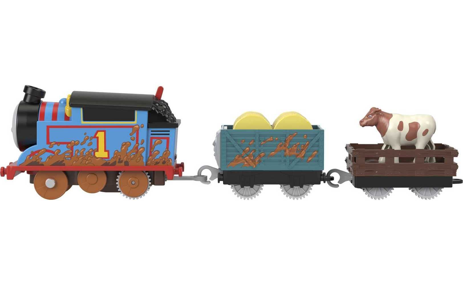 Thomas & Friends Motorized Toy Train Muddy Thomas Engine with Cargo Cars & Cow for Preschool Pretend Play Kids Ages 3+ Years