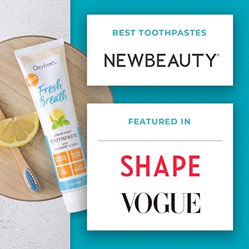 Premium Oxyfresh Lemon Mint Fresh Breath Toothpaste โ Low Abrasion Toothpaste for Bad Breath - SLS & Fluoride Free Toothpaste โ Anti Plaque & Tartar Control Toothpaste with Essential Oils. 5oz