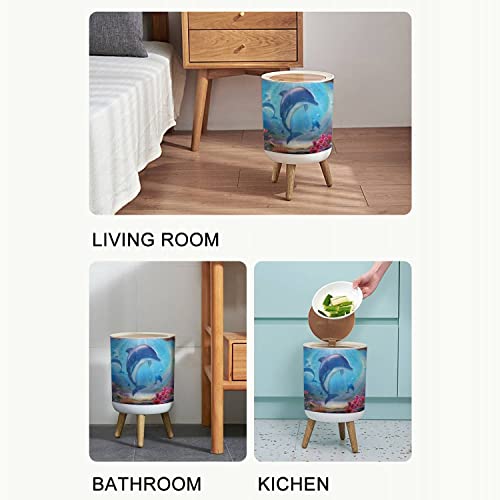 IBPNKFAZ89 Small Trash Can with Lid Pod of Lovable Dolphins Chasing one Another in Colorful Tropical Ocean Garbage Bin Wood Waste Bin Press Cover Round Wastebasket for Bathroom Bedroom Office Kitchen