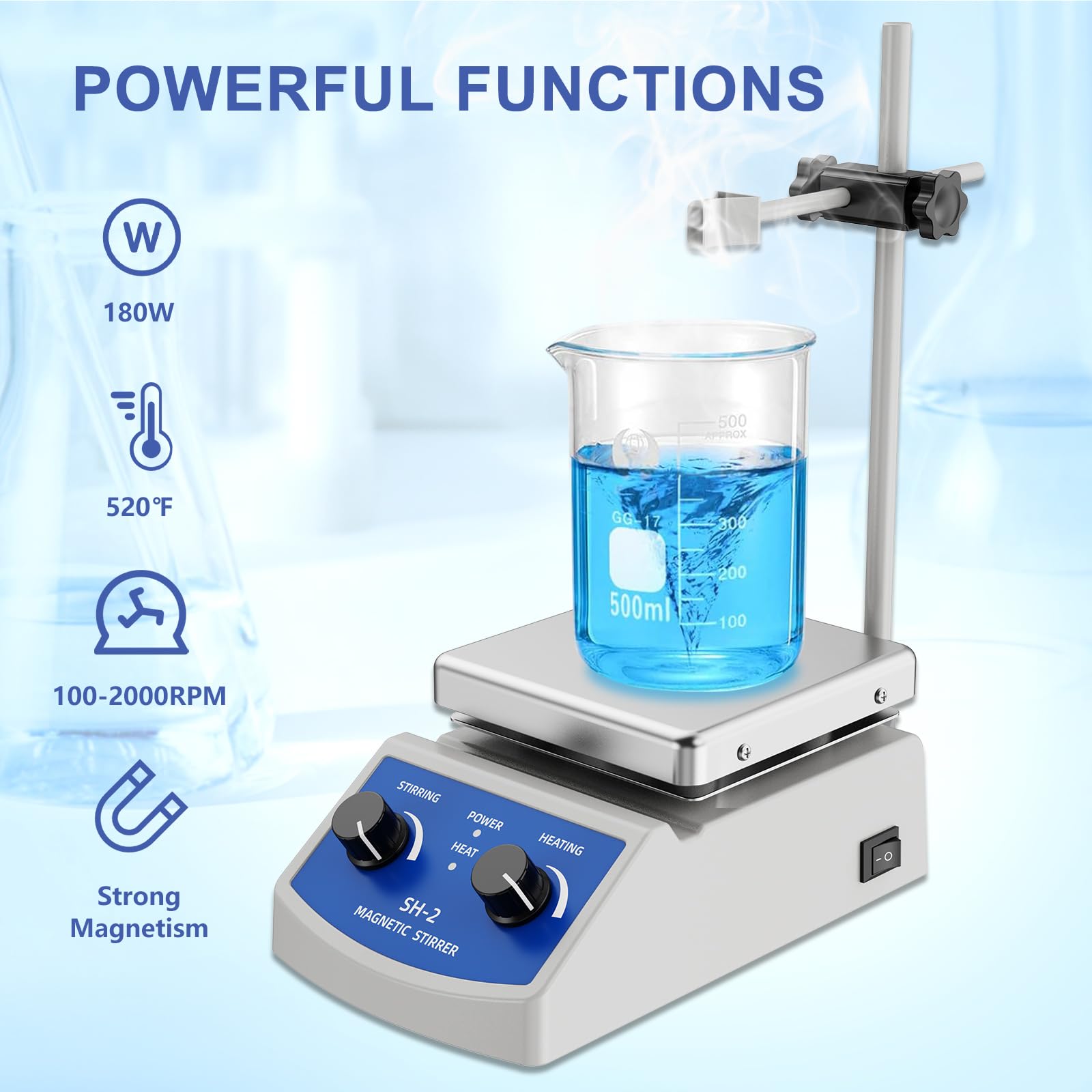 Magnetic Stirrer Hot Plate w/Thermometer, Magnetic Stir Plate w/Stir Bar Retriever, Max.520℉ Hot Plate Stirrer, 100~2000RPM Magnetic Hotplate Stirrer w/Stir Bar n Support Stand