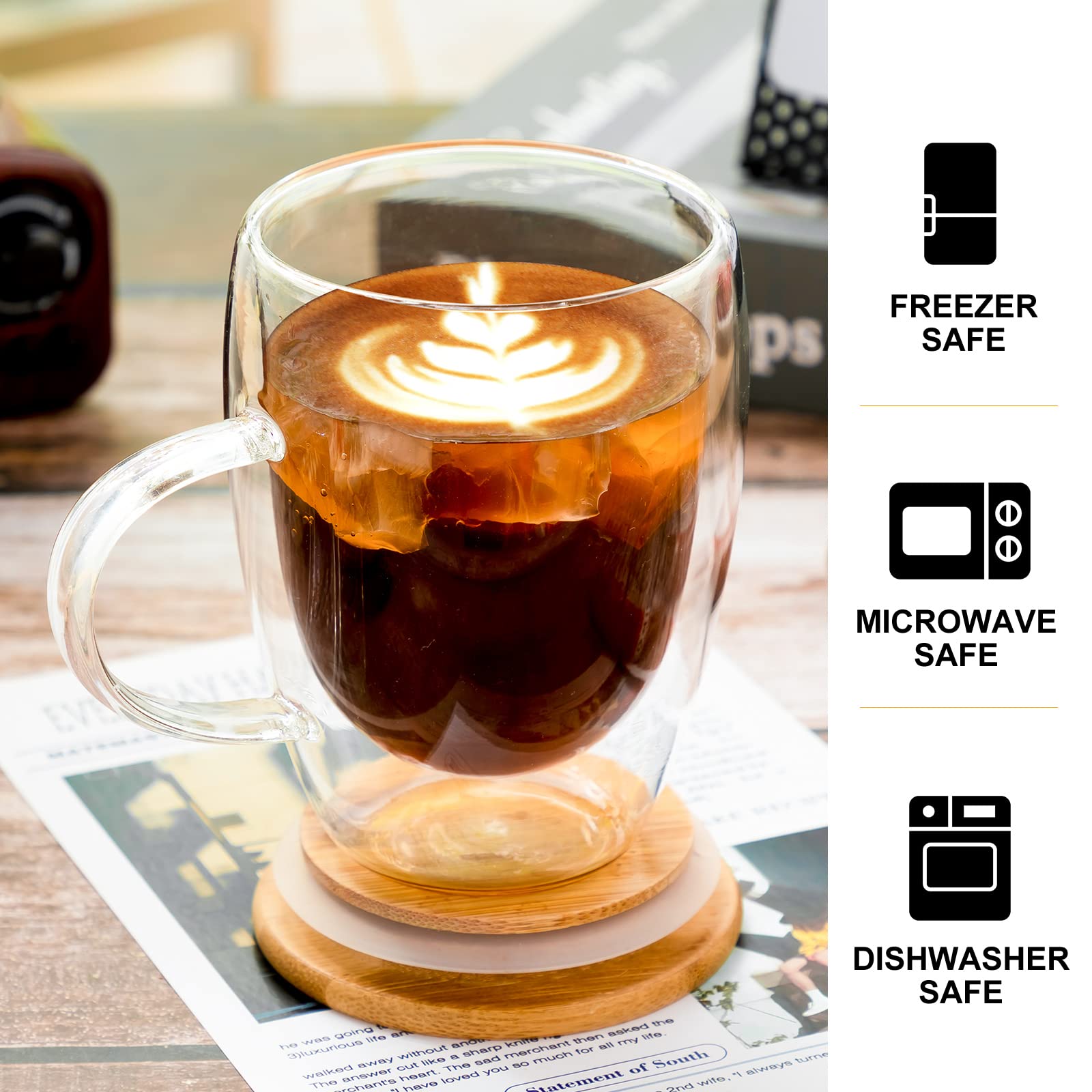 Eccliy 4 Pcs 12oz Glass Coffee Mugs with Bamboo Lids Insulated Double Walled Glass Coffee Cups Clear Tea Mug Glass Tea Cups with Handles for Hot or Iced Coffee Milk Tea Beverage Cappuccino Latte