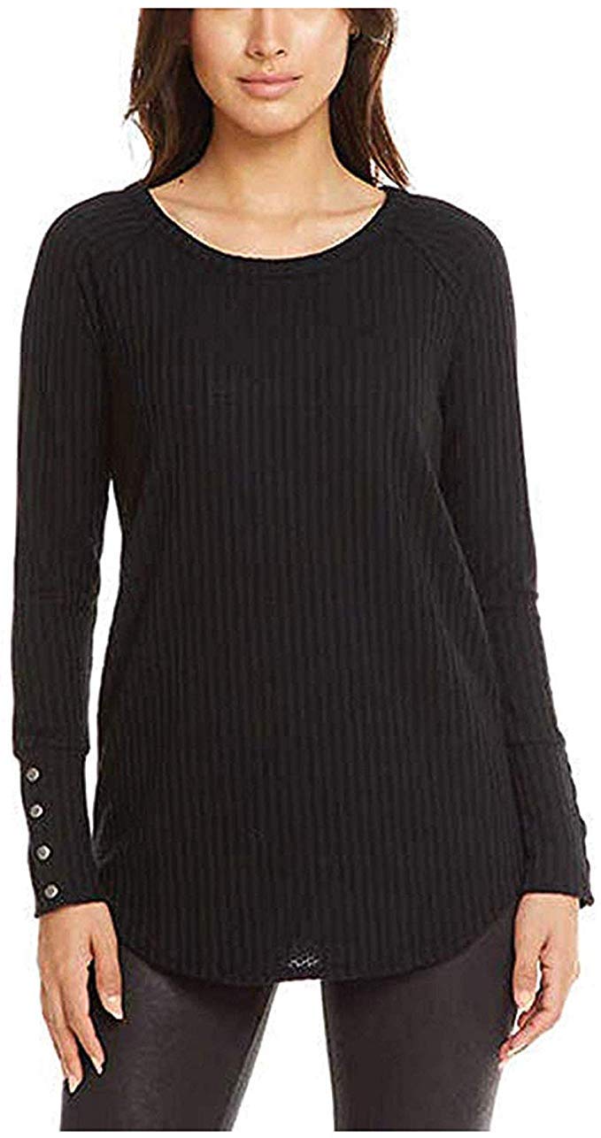 CHASER Ladies' Long Sleeve Waffle Thermal Tunic Sweater Top (Medium, Black)