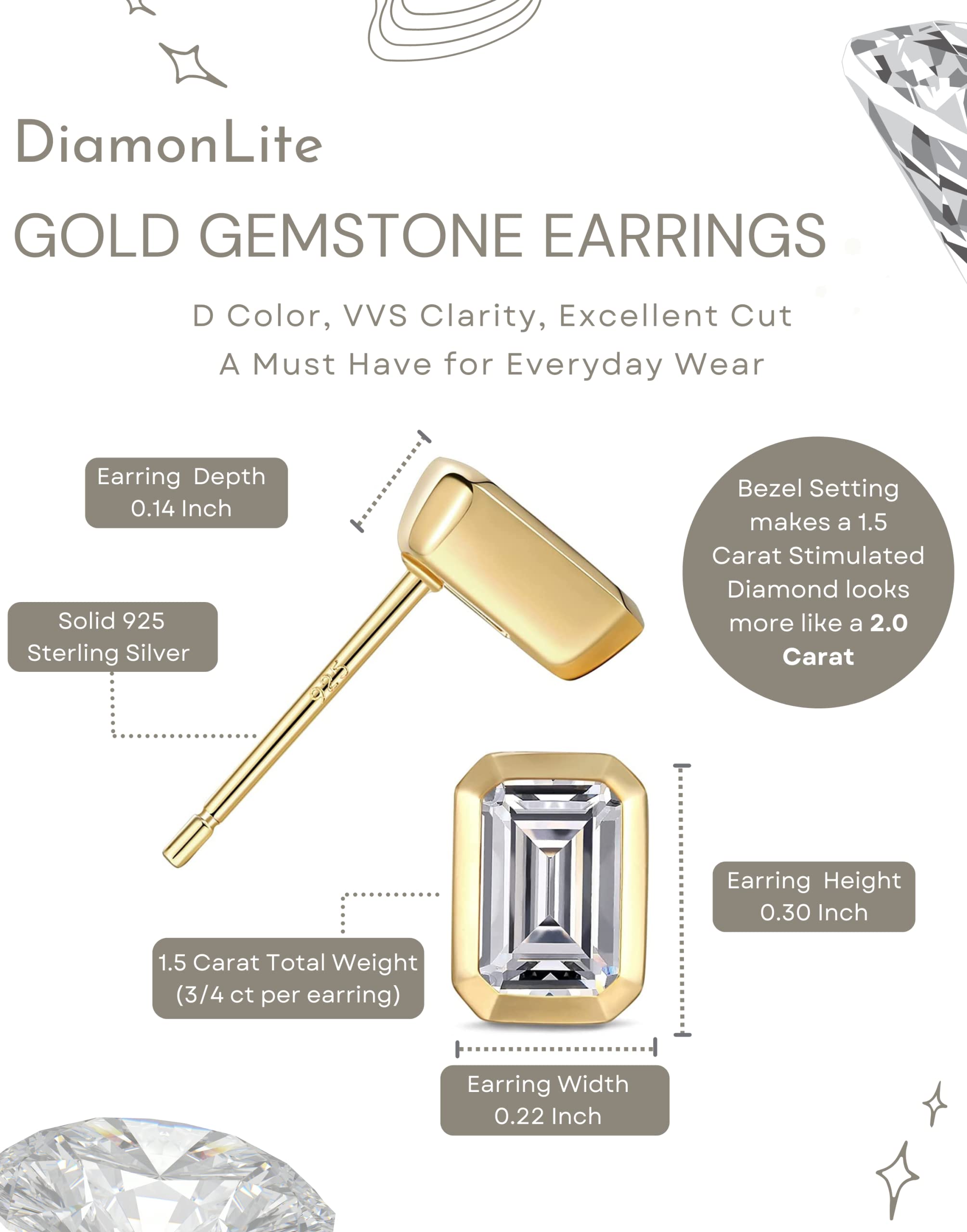 DIAMONLITE 1 -1.5 Ct Cubic Zirconia Stud Earrings for Women and Men, D Color VVS Clarity Excellent Cut, Sterling Silver, Cubic Zirconia