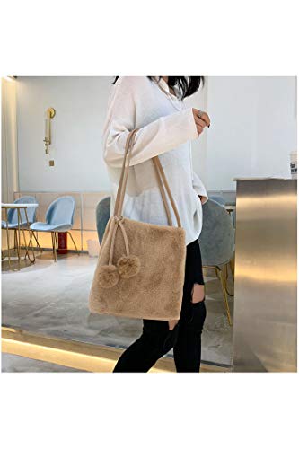 Ulisty Women Autumn Winter Small Faux Fur Shoulder Bag Fluffy Bucket Bag Plush Handbag khaki