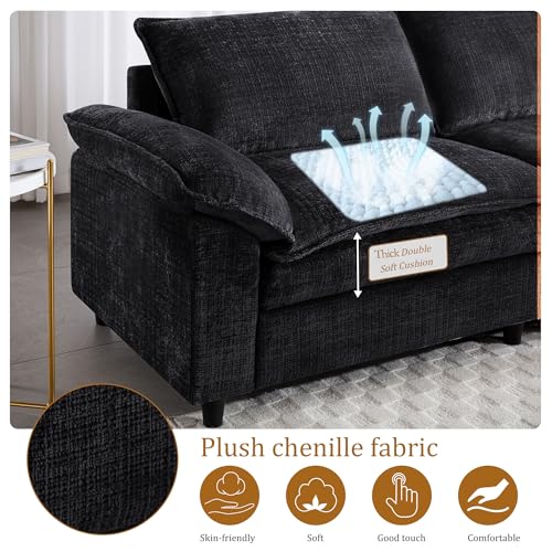 GNIXUU Modular Cloud Couch Sectional Sofa with Ottoman, 113.5" Oversized Comfy 4-Seat Black L Shaped Couch Set for Living Room, Chenille Sectional Sleeper Sofa with Soft Armrest & Cushion,