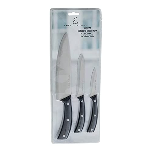Emeril Lagasse 3-Piece Stamped Kitchen Knife Set - 8” Chef Knife, 5” Serrated Utility Knife, & 3.5” Paring Knife - Effortlessly Slice Fruits & Meats