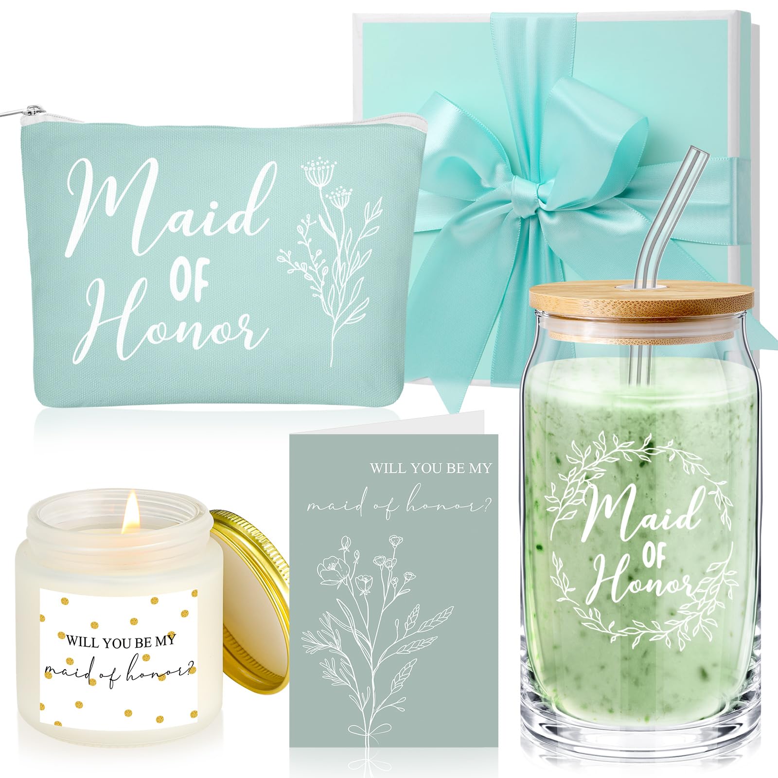 Inbagi Maid of Honor Gifts Box Set of 5 Includes Glass Cup with Lid and Straw Makeup Bag Sage Scented Candle Wedding Invitation Cards Proposal Gifts for Bridal Party Favors (Sage)