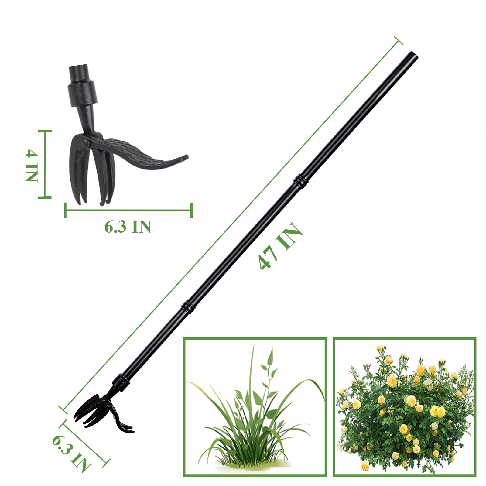 DMDMBSR Weed Puller Tool, Stand Up Weed Puller Long Handle Removable Steel Tube and Non-Slip 4 Claw Steel Head Design, Manual Weeders Easily Remove Dandelion Root Tool Gardening Patio Yard(47 in)