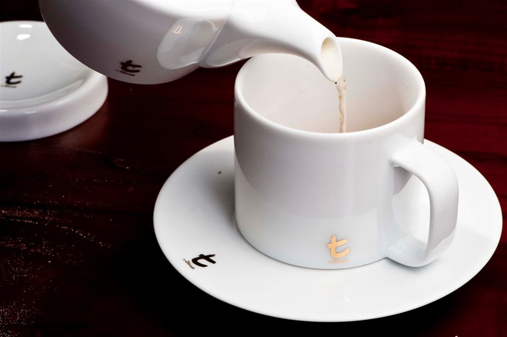 Dilmah, Tea Mug, Saucer, and Lid, Fine Porcelain, t-Series Collection, Gold Monogram, Coffee or Tea Service, 3 Piece Set, 10 Oz. volume, Pack of 2
