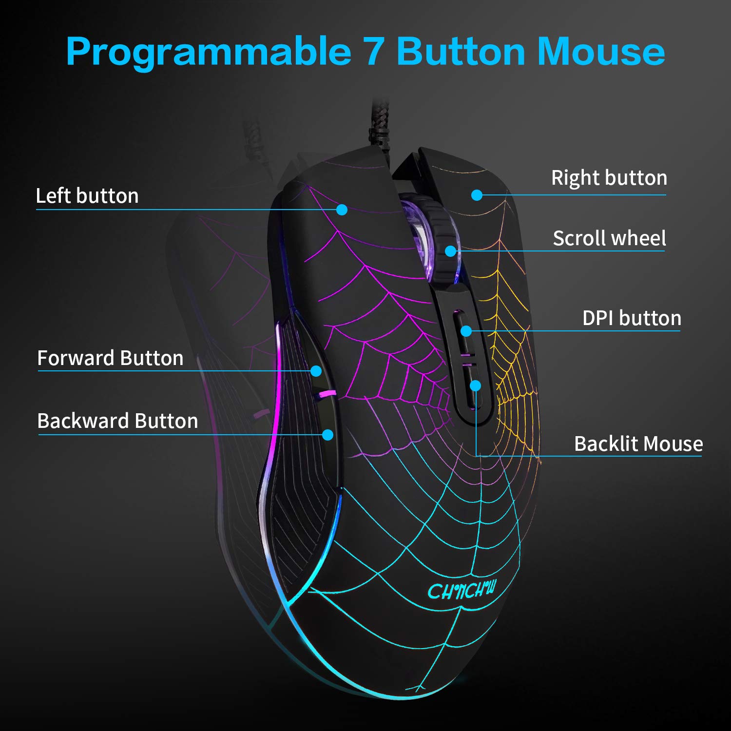 CHONCHOW Wired RGB Gaming Mouse,USB Computer Mice with LED Backlit 4 Adjustable DPI up to 7200, Ergonomic Gaming Mouse with 6 Programmable Buttons Compatible with PS4 Xbox one Mac PC Computer Notebook