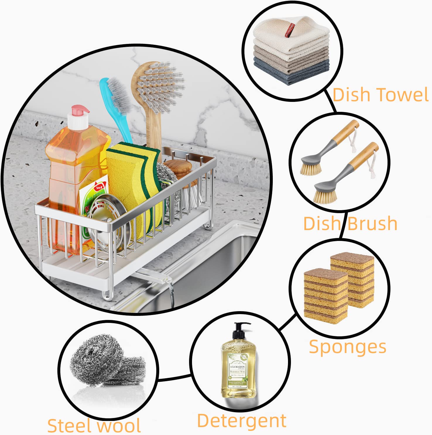 DMJWAN Kitchen Sink Caddy Sponge Holder Sink Caddy Organizer, 304 Stainless Steel Holder for Sink,Countertop with Removable Drain Tray with Diversion Drainage