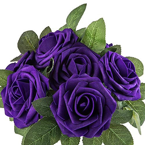 Lansdowns Artificial Flower Foam Rose 25pcs Real Looking Fake Rose with Stems Leaves for Home Decoration Party Garden Centerpieces DIY Wedding Bouquets(Purple)