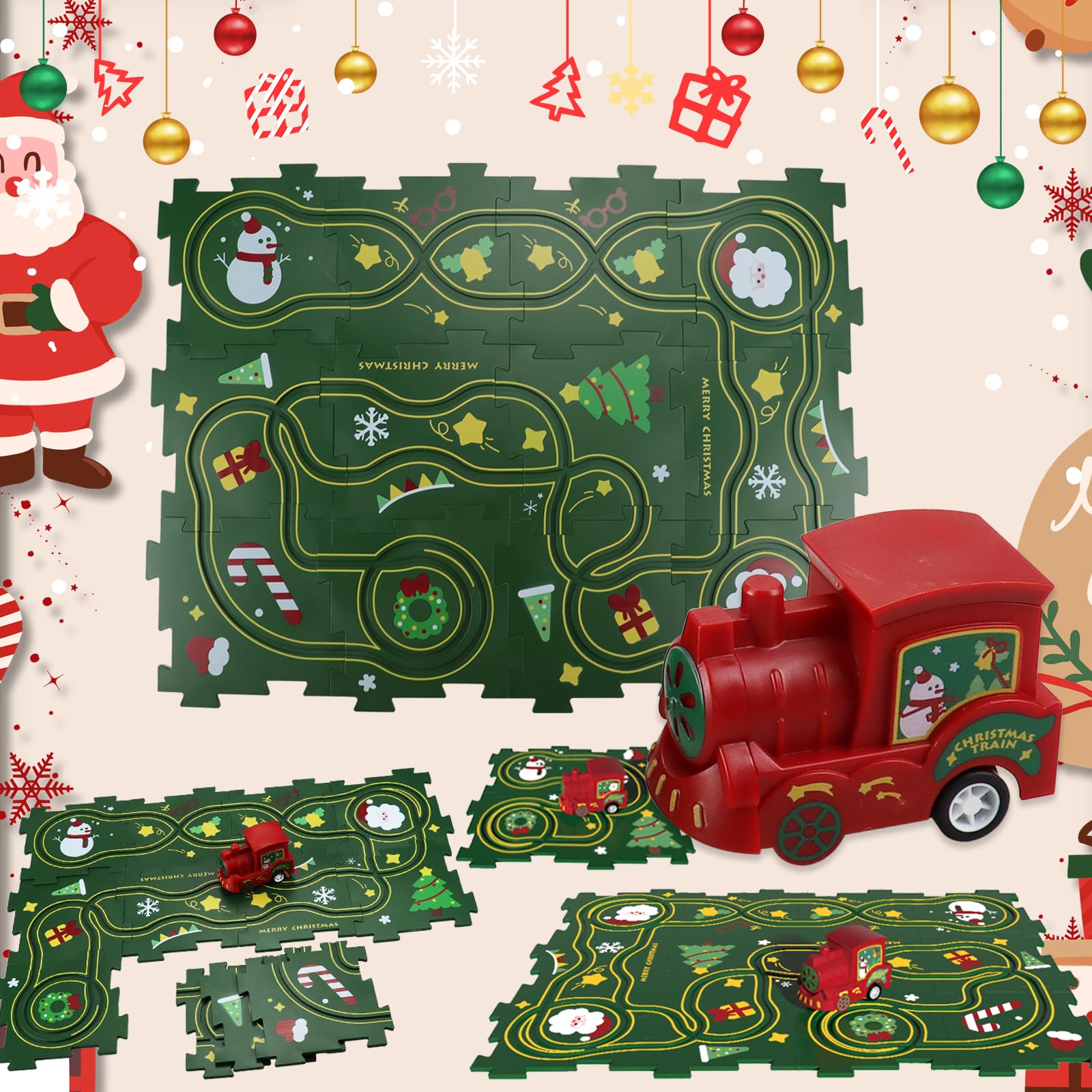 Children's Educational Puzzle Track Car Play Set - Christmas Series DIY Assembling Toddler Puzzle Track with Rail Car for Kids Ages 3+（13PCS）
